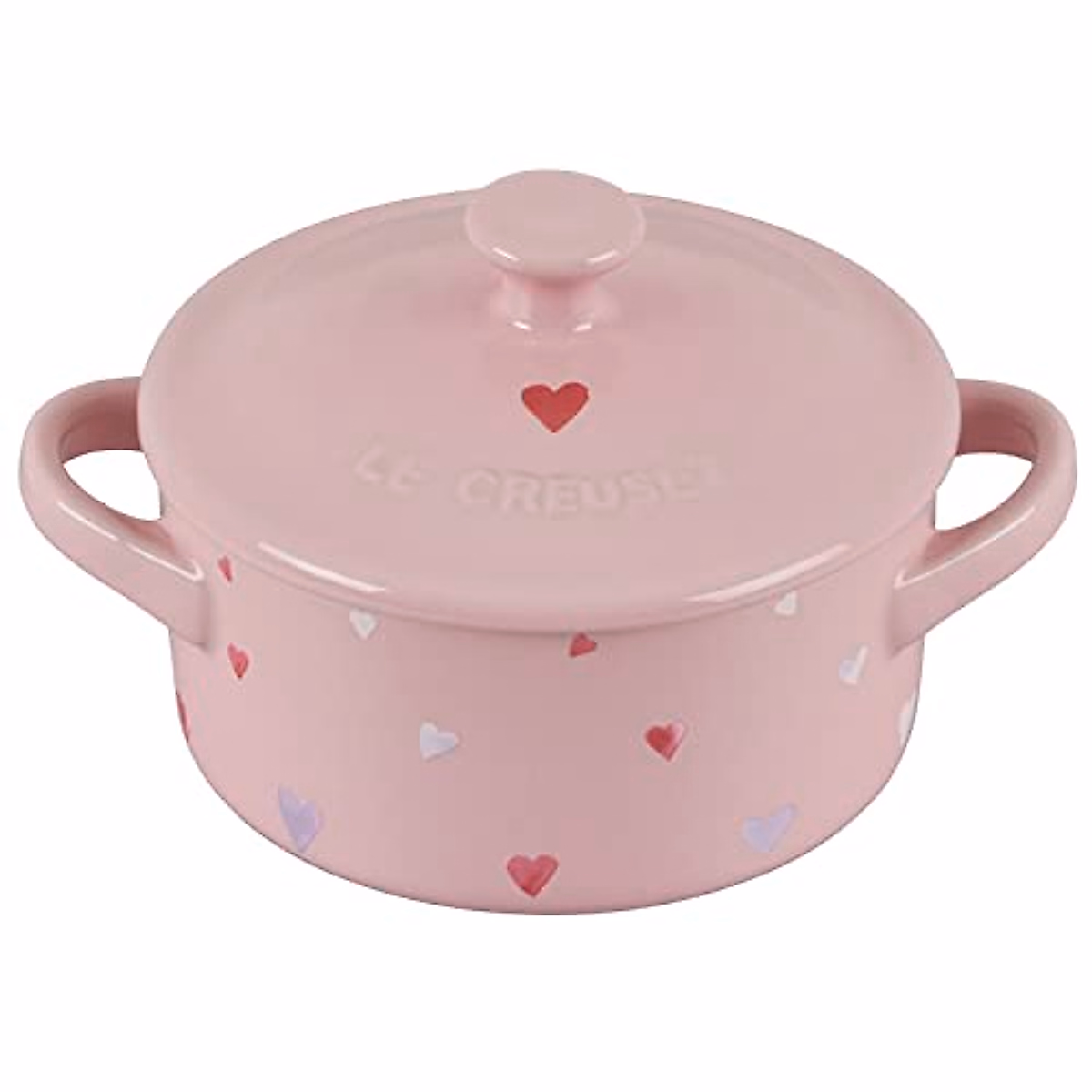 Le Creuset L'Amour Collection Stoneware Mini Round Cocotte, 8oz, Chiffon Pink with Heart Applique