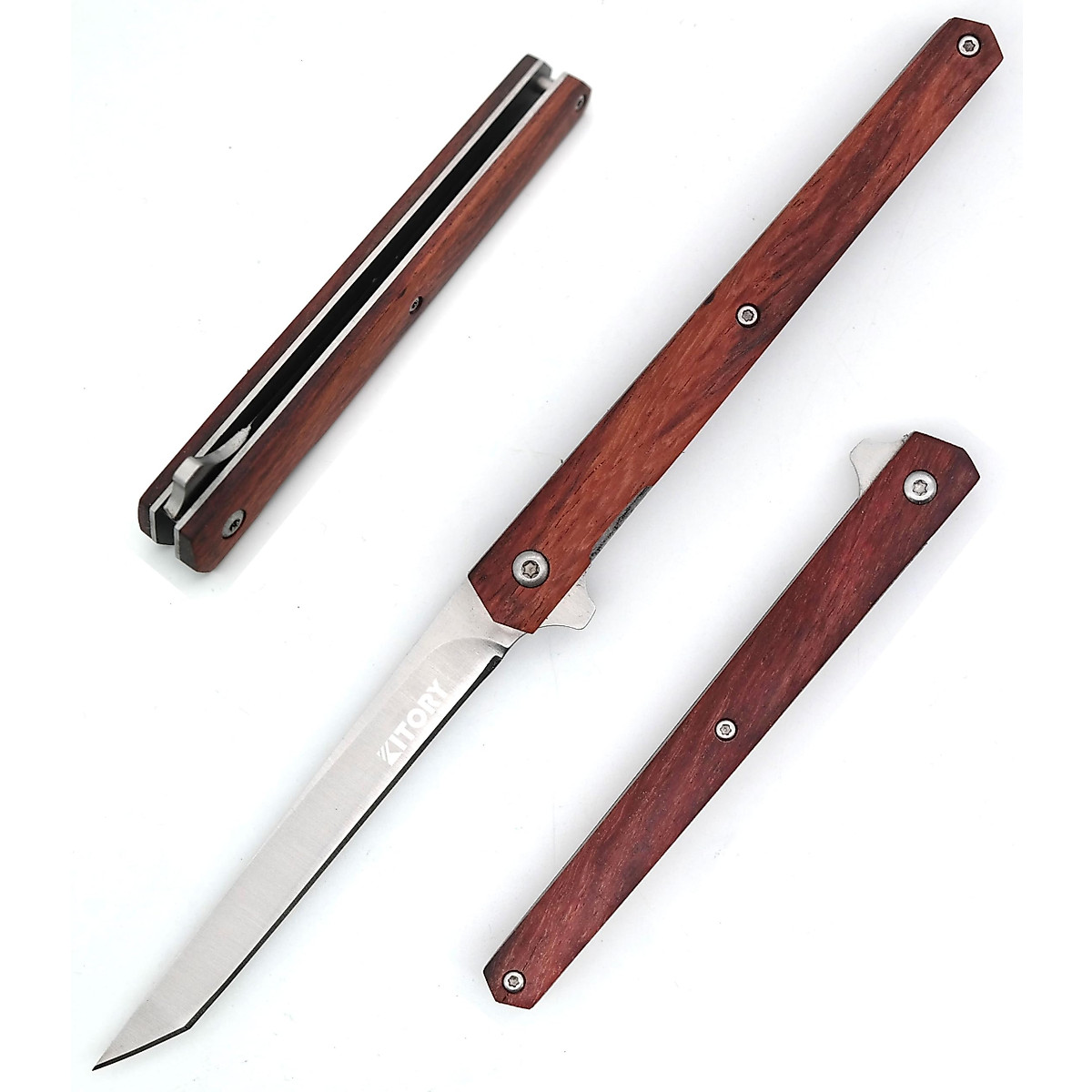 Kitory 4" Folding Pocket Knife, Small EDC Knife with Clip and Leather Sheath, 2023 Gifts for Men, Dark Red Wood Handle and thick blade