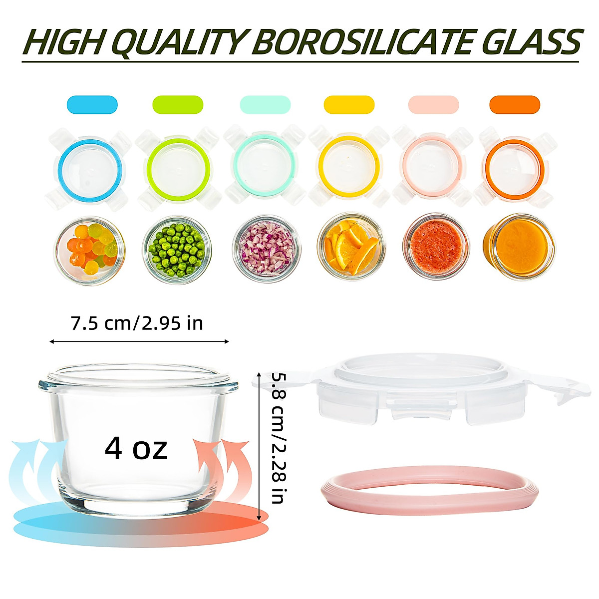 CZUMJJ 4 oz Circular Glass Food Storage Containers Set of 24, Small Containers with Locking Lids, Airtight Glass Food Jars for Food Portion, Snacks | Freezer, Microwave & Dishwasher Safe