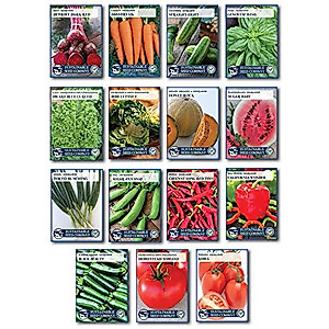 Grannys Garden Heirloom Vegetable Seed Collection - 15 Varieties Non-GMO Heirloom Beet Carrot Cucumber Basil Kale Lettuce Melon Onion Pea Pepper Squash and Tomato Seeds by Sustainable Seed Company