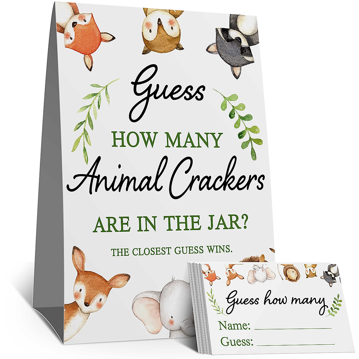 Guess How Many Animal Crackers are in the Jar，Watercolor Woodland Animals Baby Shower Decorations，(1 Sign+50 Cards), How Many Animal Crackers Birthday, Christmas, Funny Party Game