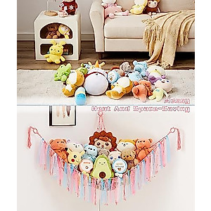 Kopduki 59 in Stuffed Animal Hammock with Stars-Light, Stuffed Animal Storage, Teddy Bear Hammock with Tassel & Hooks for Nursery Room, Corner Mesh Toy Hammock for Stuffed Animals for Playroom