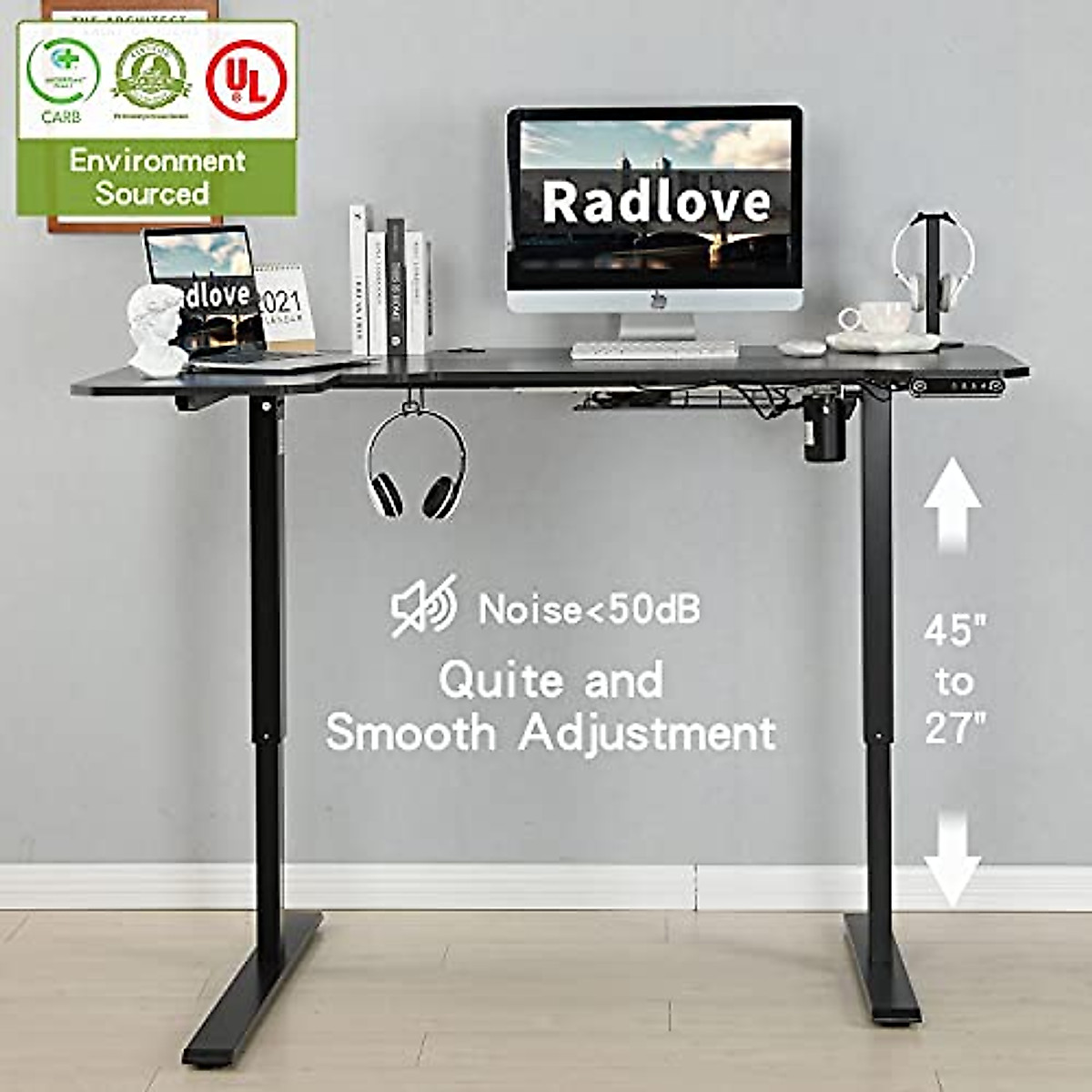 Radlove 59-Inch Large Electric Height Adjustable Computer L-Shaped Desk with Memory Controller Corner Standing Desk Modern Workstation with Splice Board Game Ergonomic Desk (Black Frame + Black Top)