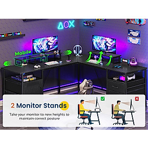 UPOSOJA 67in L Shaped Computer Desk with Power Outlets, 90.5in Long Home Office Desks with 2 Monitor Stands, 2PC Small Corner Table, Storage Cabinet Rack Drawers(Black)