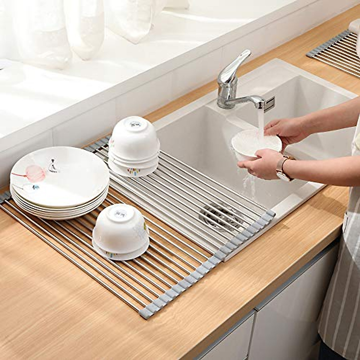 Large 21" x 16" Multipurpose Foldable Stainless Steel Roll Up Dish Drying Rack Over The Sink Kitchen Dish Drainer Rack and 2pcs Silicone Dish Brush (Gray)