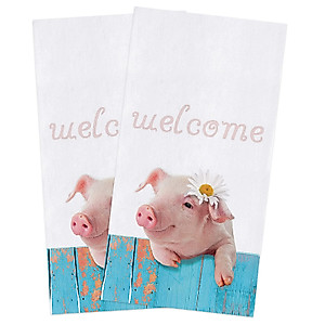 Kitchen Towels Set Farmhouse Pig Dish Towel Blue Wood Grain Dishcloths 2 Pack, 18x28 Inches Absorbent Soft Cotton Dish Cloths Bar Towels & Tea Towels