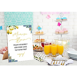 Blue Tiles and Lemons Bridal Shower Mimosa Bar Sign, Table Decor Bridal Shower Sign, Pack of 1 Wooden Tabletop Sign with Stand, Bridal Shower Decorations, Wedding Shower Supplies - XG07AB