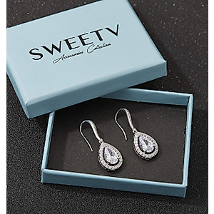 SWEETV Teardrop Wedding Earrings for Brides, Bridesmaids, Cubic Zirconia Dangle Earrings for Prom, Party, Formal Occasion,Silver