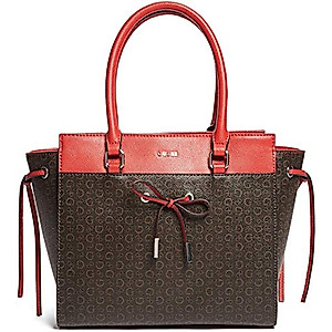 GUESS Women's Smoke Logo Satchel Tote Bag Handbag - Red/Brown
