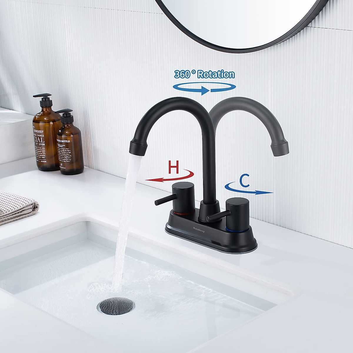 4 Inch Centerset Black Bathroom Faucet, 2 Handle Lead-Free Faucet for Bathroom Sink 2~3 Hole,360 Swivel Spout RV Bathroom Vanity Sink Faucet with Pop Up Drain,Matte Black