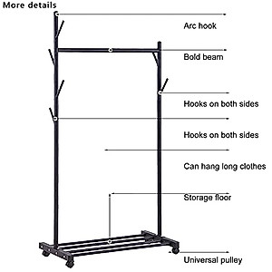 ZBYL Clothing Rack Garment Rack, Metal Free Standing Clothes Closet Rack with Bottom Rack, Rolling Wardrobe Rack with Wheels, Portable Organizer Standard Rod for Hanging Clothes, 100×169cm