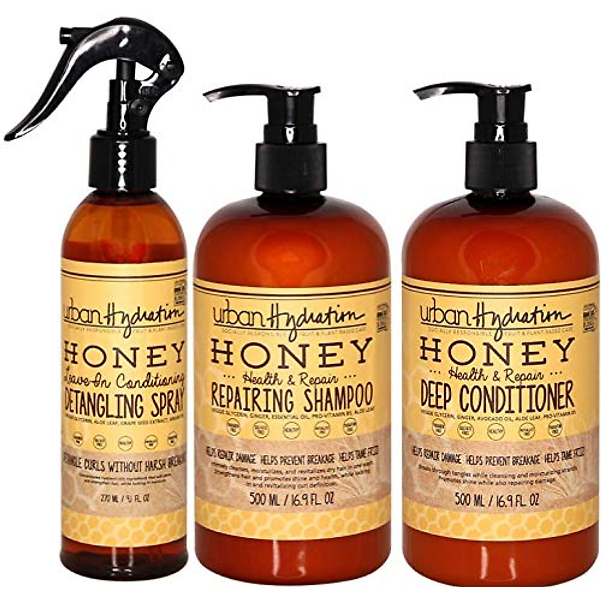 Urban Hydration Honey Health and Repair Shampoo, Conditioner and Detangler Set | Sulfate, Paraben and Dye Free, Cleanses, Detangles, Hydrates and Repairs For Healthy and Shiny Hair, All Hair Types