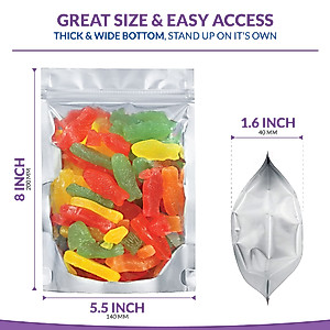 Stand Up Mylar Bags 5.5” x 8” +1.6" Heat Seal For Candy & Food Packaging, Medications And Vitamins - 100 Sealable Mylar Ziplock Bags with Gusset Bottom - For Liquid And Solids (5.5” x 8” + 1.57”)