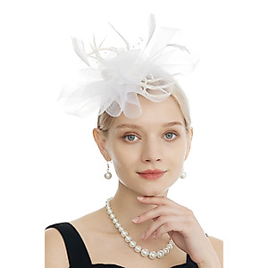 Myjoyday Women's Fascinators Hat for Tea Party Church Cocktail, Feathers Veil Headband with Hair Clip (White)