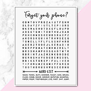 Bathroom Word Search, Forget Your Phone, Word Search Puzzle, Bathroom Wall Art, Bathroom Sign, 8x10 Inch Unframed
