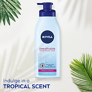 NIVEA Breathable Nourishing Body Lotion in Tropical Breeze, 48-Hour Moisturizing Lotion with Shea Butter, Vitamin E and C, 13.5 Fl Oz Pump Bottle