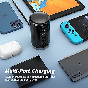 Desktop USB Charging Station, Universal 6 Ports USB Charger with Smart Identification Technology for iPhone, iPad, Android and All Other USB Enabled Devices, Black & Silver