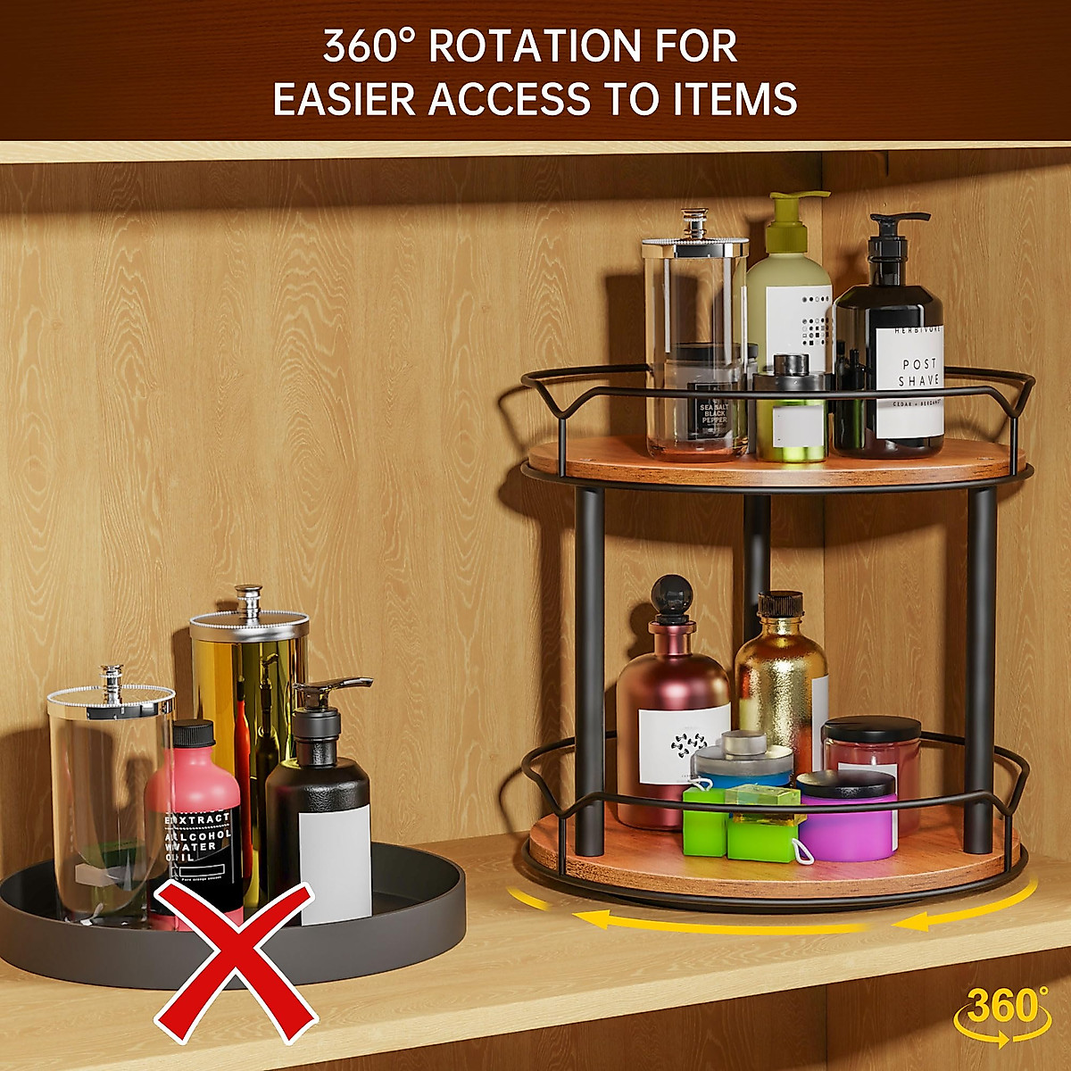 MUTUALUS Lazy Susan Organizer 2 Tier - Turntable Spice Rack for Table Top, Wooden Rotating Lazy Susan for Cabinet Pantry Kitchen Countertop Dining Table Cupboard Bathroom Vanity Storage