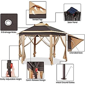 Yaheetech 13′ × 13′ Pop-Up Patio Gazebo Tent W/Mesh Netting Sides & 25 Solar LED Lights, Hexagonal Double Vented 3 Height Adjustable Gazebo with Storage Bag for Backyard, Garden, Lawn, Khaki & Brown