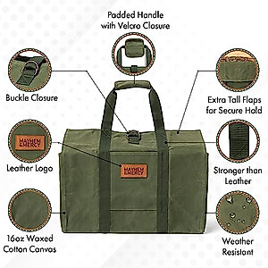 MAYHEM & MERCY Firewood Carrier - Waxed Canvas Wood Carrier For Firewood - Hunter Green Log Carrier For Firewood Fireplace Wood Rack Log Bag - Firewood