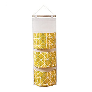 FREEZH Wall Hanging Storage Bag Organizer with 3 Pockets Premium Linen Fabric Over The Door Organizer, Hanging Storage Pouches Foldable Closet Storage Shelves-27*8 inch（Yellow）
