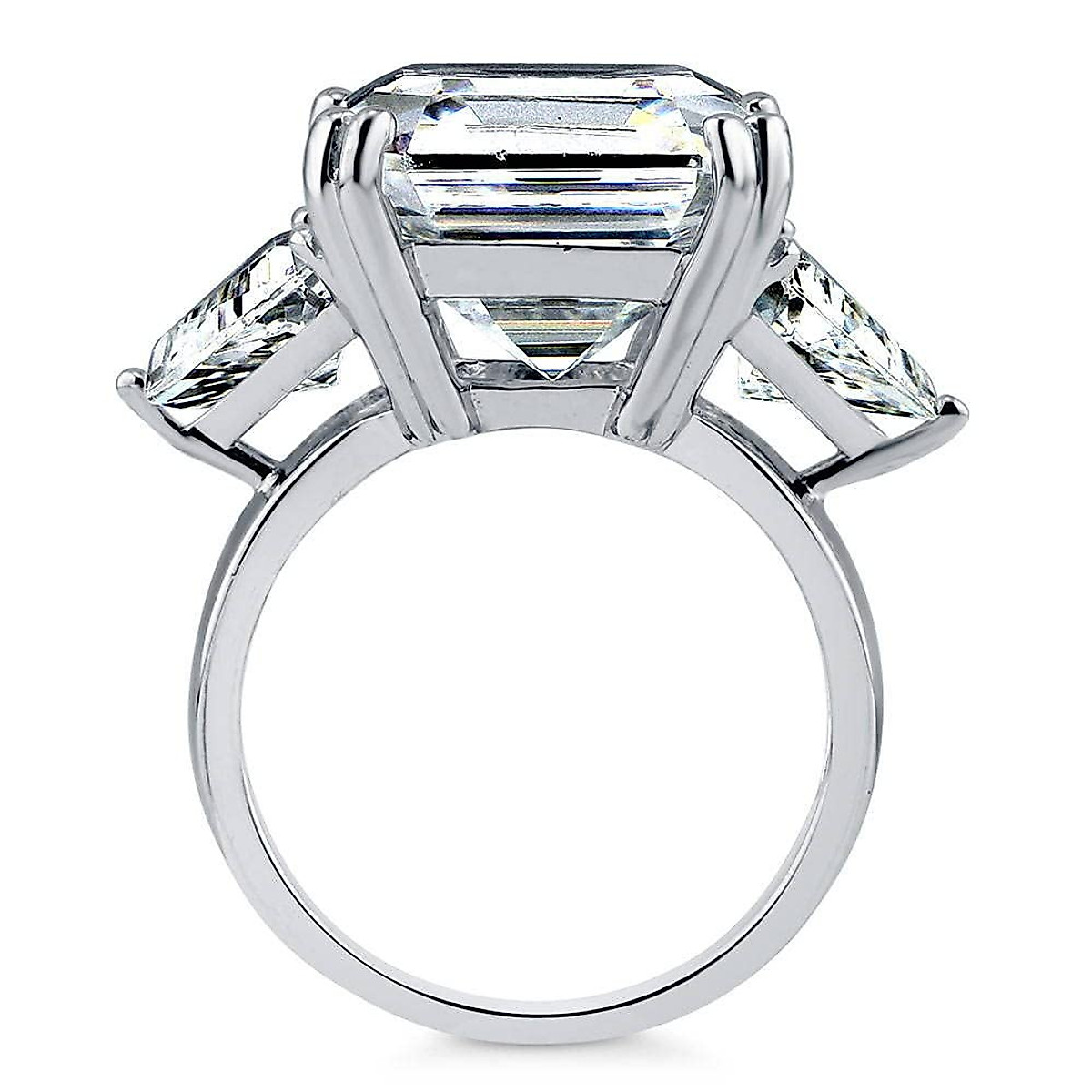 BERRICLE Sterling Silver 3-Stone Wedding Engagement Rings Asscher Cut Cubic Zirconia CZ Statement Cocktail Anniversary Ring for Women, Rhodium Plated Size 7