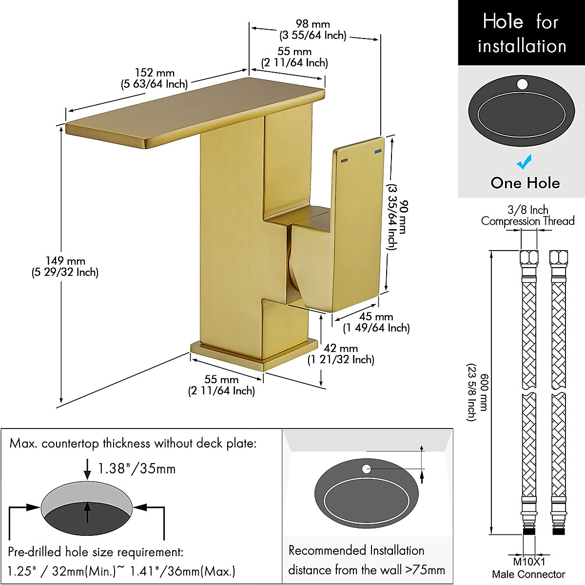 KES Black Bathroom Faucet, Waterfall Faucet for Bathroom Sink One Handle, Single Hole Bathroom Faucet, SUS304 Stainless Steel, Matte Black, L3205LF-BK