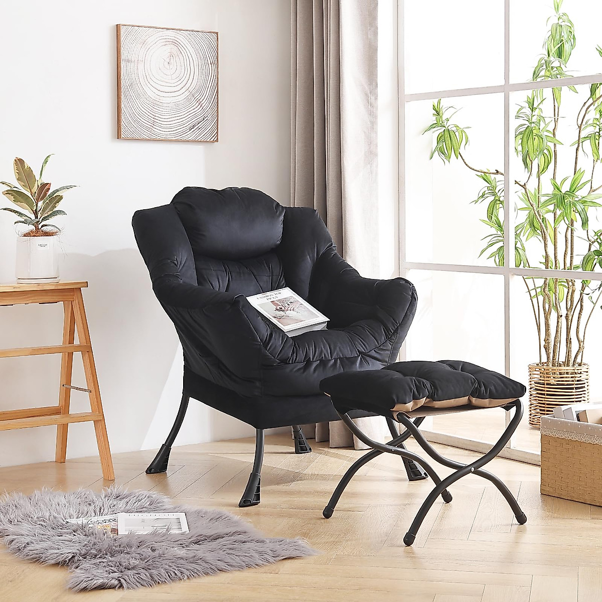 LITA Lazy Chair with Ottoman, Modern Accent Leisure Upholstered Sofa Chair, Contemporary Lounge Reading Chair with Armrests and a Side Pocket for Living Room, Bedroom & Small Space, Black