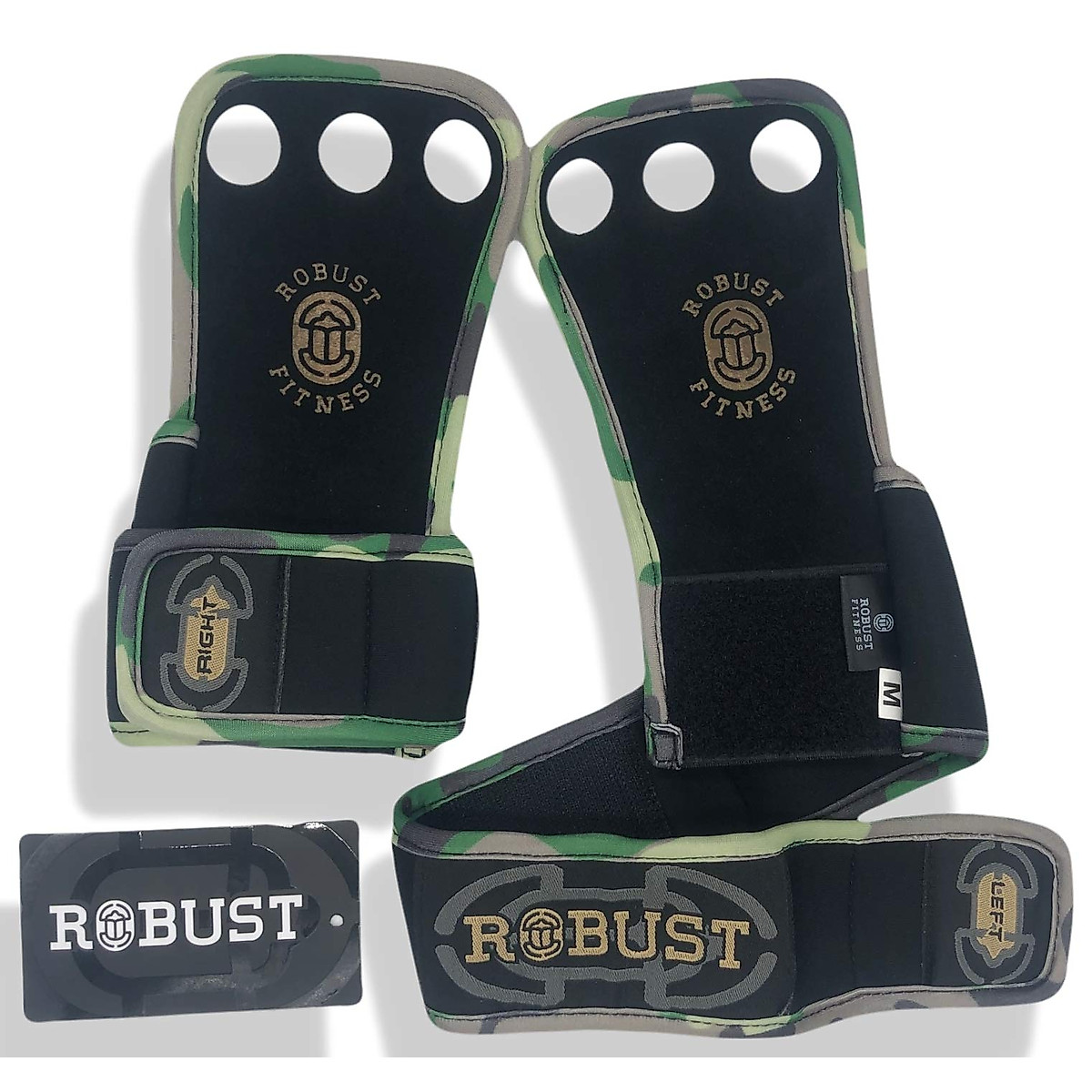 ROBUST FITNESS Genuine Leather Hand Grips for Gymnastics & Cross-Training, Pull-ups, Weightlifting, WODs with Neoprene Wrist warps. Palm Shield from Rips & Blisters. (Camouflage, Medium)