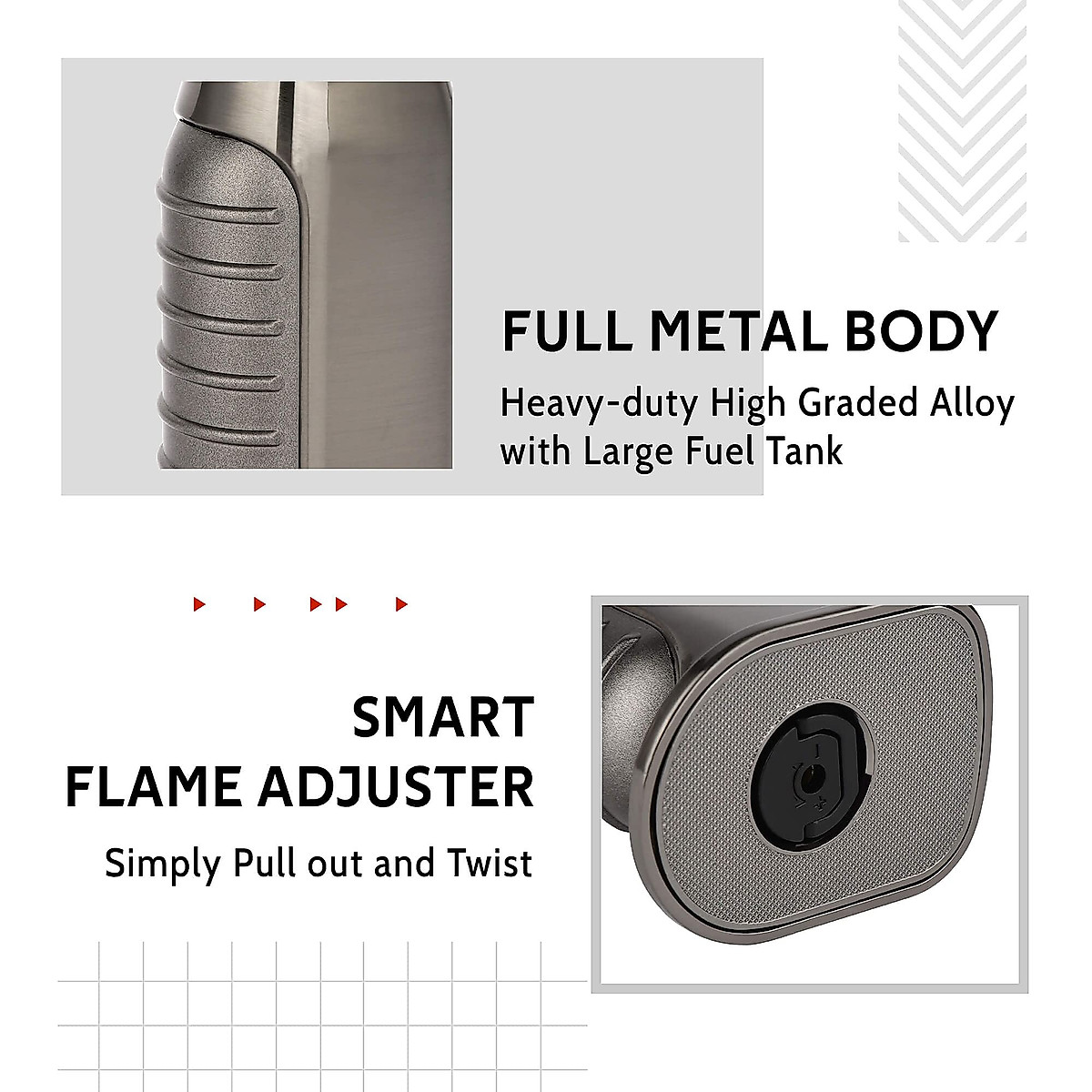 BRISPON Torch Lighter, Quad 4 Jet Flame Windproof Butane Lighter with Safety Lock Adjustable Refillable Lighter for Kitchen Grill BBQ Candle Camping (Butane NOT Included) (Gunmetal)