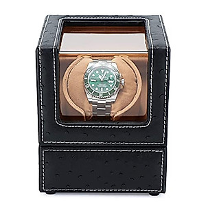 DRIKLUX Automatic Single Watch Winder for Rolex and Other Luxury Watches - Automatic Winder with Quiet Motor, Premium Black Ostrich Leather Exterior and Soft Flexible Watch Pillows of Camel Velvet