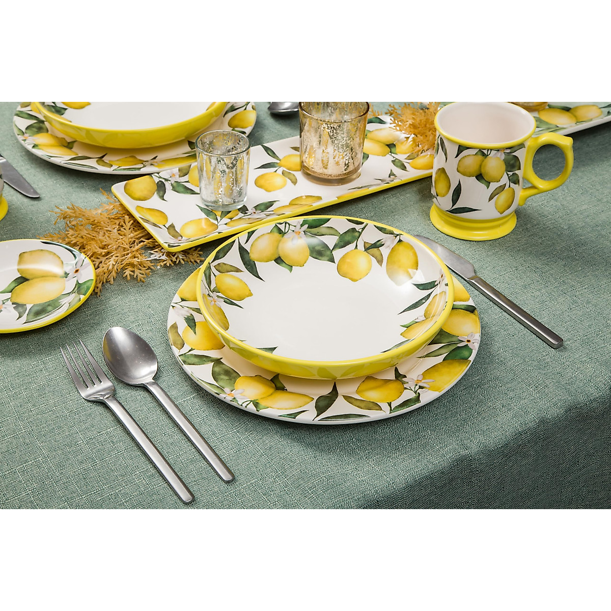 Bico Lemon Dreams Ceramic 35oz Dinner Bowls, Set of 4, for Pasta, Salad, Cereal, Soup & Microwave & Dishwasher Safe