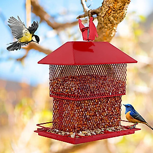 Bird Feeder for Outside Hanging Squirrel Proof Bird Feeders Metal Wild Bird Feeder Retractable Outdoor Feeder with 6 Perches for Cardinal, Finch, Chickadee, Bluebirds etc(Red)