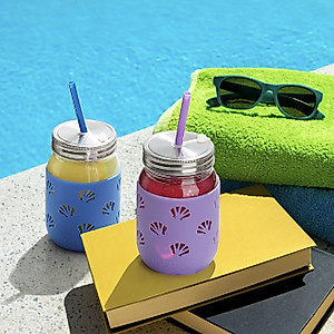 16 OZ Mason Jars with Protective Silicone Sleeve, Mason Cups Drinking Glass with Straws and 8PCS Stainless Steel Lids - BPA Free (4COLOR ASST Shell)