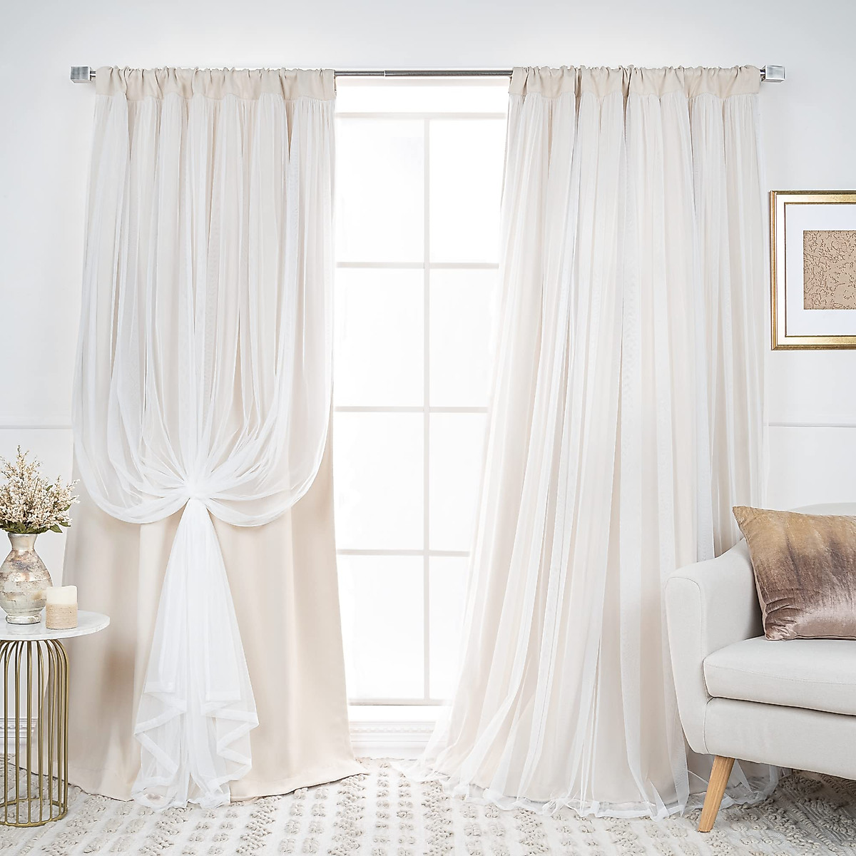 Best Home Fashion Lace Tulle Overlay Thermal Insulated Solid Blackouts - Rod Pocket - Set of 2 Panels - 52" W x 96" L - Beige