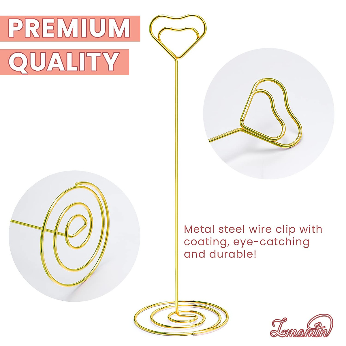 IMAMIN 16pcs Place Card Holders, 8.75 Inches Tall Table Number Holders, Gold Picture Holder for Tables with Heart Shaped Clip for Wedding, Photos, Food Signs, Memo Notes, Restaurant, Birthday
