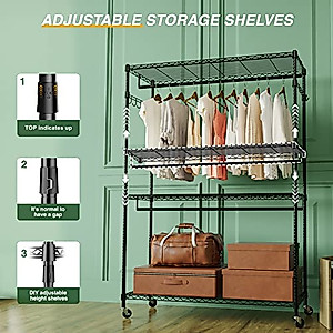 LEHOM G1 3 Tiers Garment Rack with Storage Shelves, Heavy Duty Rolling Free-Standing Clothing Rack Closet Organizer with Double Rods/Lockable Wheels & 2 Pairs Side Hooks, Max Load 450 LBS, Black