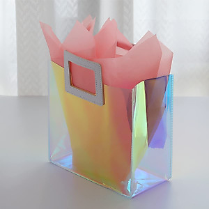 VUOJUR 8.3'' Holographic Small Gift Bag with Tissue Paper Reusable Birthday Gift Bag for Girls Women Iridescent Bachelorette Wedding Bridal Bridesmaid Tote Gift Bag (Pack of 1, S Glossy Coral)