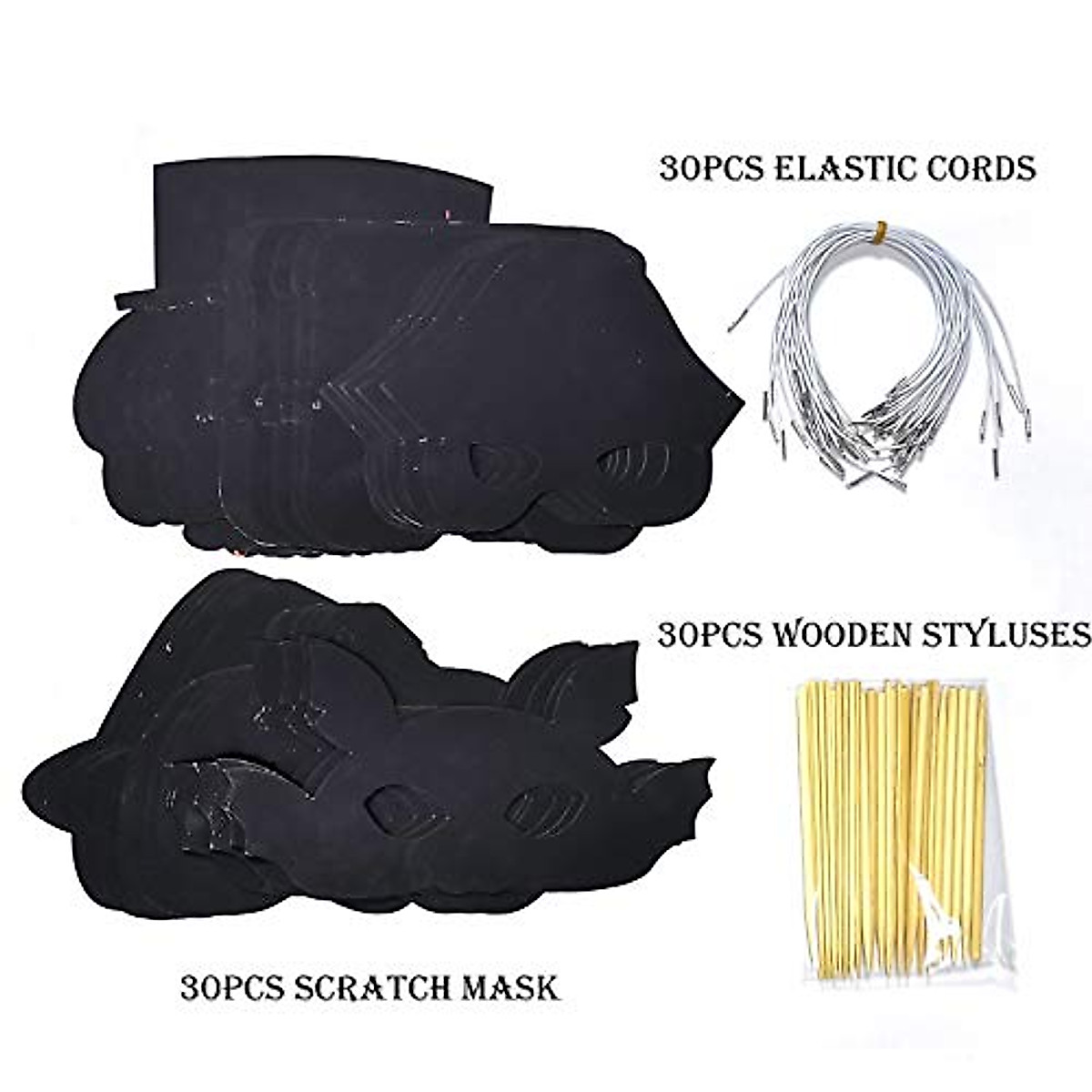 OuMuaMua 30PCS Halloween Rainbow Scratch Mask Art Craft Kit, Bat Witch Pumpkin Zombie Pirate Skull Scratch Paper Art Mask for Halloween Party Crafts Classroom Decorations