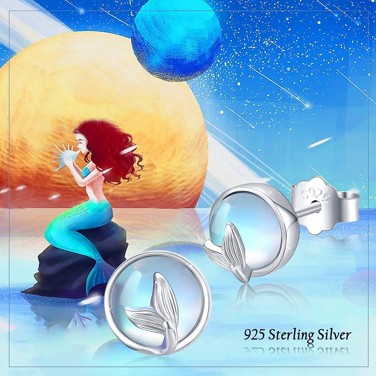 Mermaid Tail Moonstone Stud Earrings Jewelry Gifts 925 Sterling Silver Ocean Sea Whale’s Tail Earrings Moonstone Fishtail Stud Earrings for Women