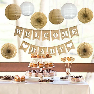 ANSOMO Rustic Paper Party Decorations for Bridal Baby Shower Birthday Wedding, Pom Poms Paper Fans Lanterns, White and Tan