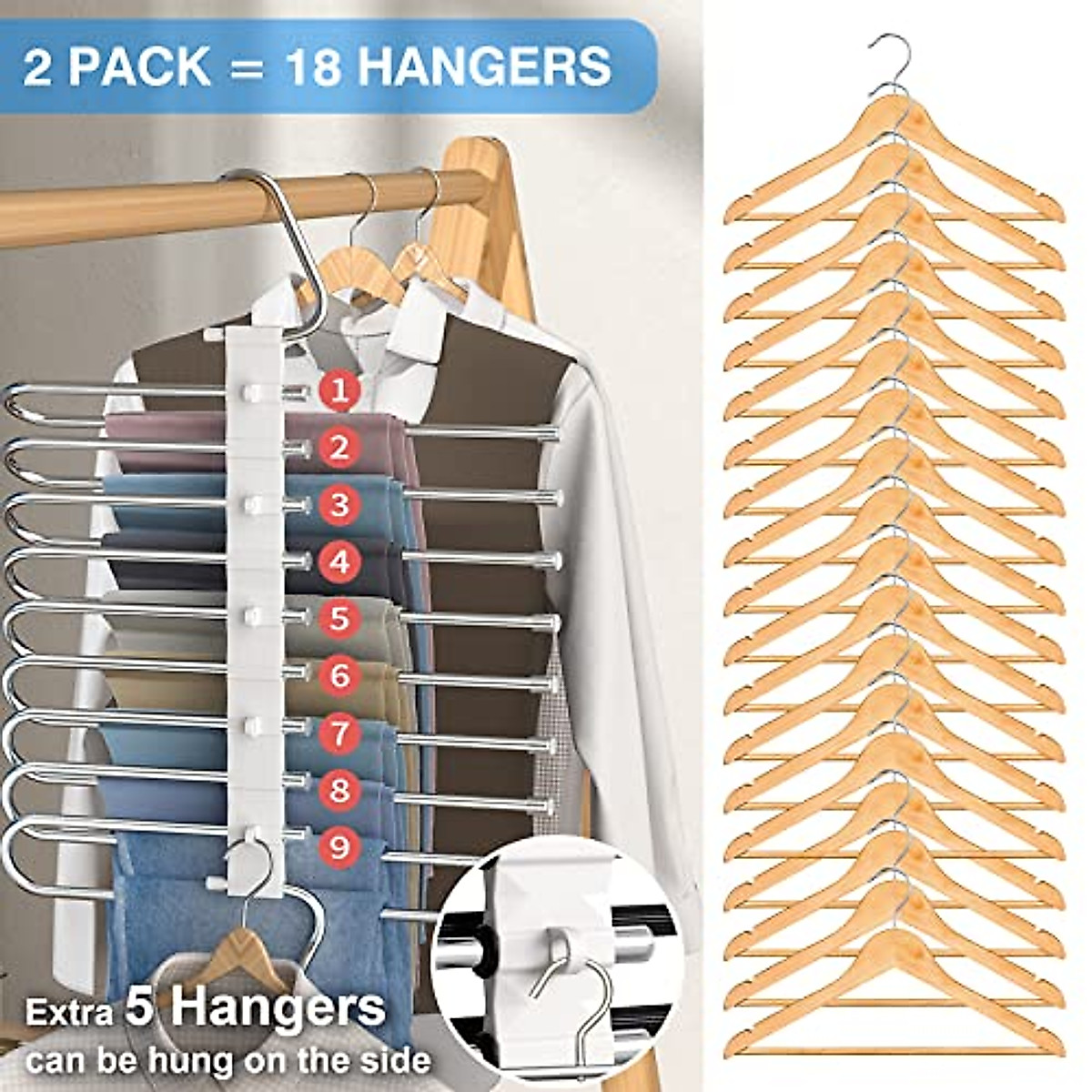 Upgrade 9 Layers Pant Hangers Space Saving, Non Slip Stainless Steel Multifunctional Pants Rack S-Type Clothes Pant Closet Hanger Organizer for Pants Jeans Trousers Scarf Skirts (1 Pack, Antiquewhite)