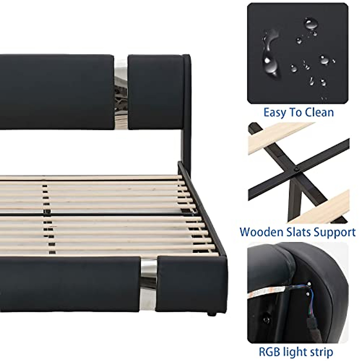 Modern Full Size LED Bed Frame, Upholstered Platform Bed Frame with Adjustable Headboard, Wooden Slats Support, No Box Spring Needed, Black
