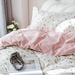 VClife Queen Cotton Duvet Cover Pink White Floral Bedding Sets, Vintage Style Flower Branches Pattern Duvet Covers with Zipper Closure- 1 Duvet Cover and 2 Pillow Covers, Breathable Lightweight