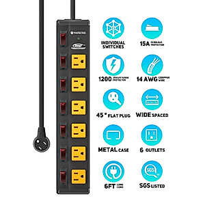 Power Strip with Individual Switches and Flat Plug, CRST 6-Outlet Metal Heavy Duty Surge Protector (1200 Joules), 6-Feet 14AWG Cord with Hook and Loop Fastener, 15A Circuit Breaker