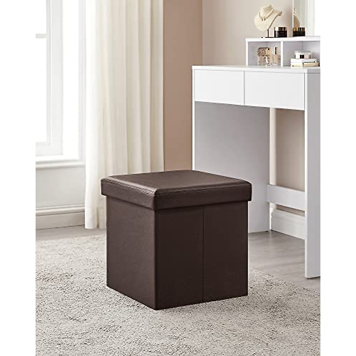 SONGMICS 15" x 15" x 15" Storage Ottoman Cube / Footrest Stool / Coffee Table / Puppy Step, Holds Up to 660lbs , Faux Leather ,Brown ULSF10B
