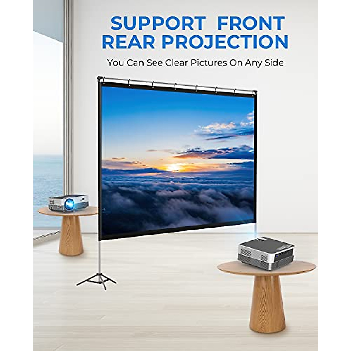 MOOKA Projector Screen with Stand-120 inch, Portable Indoor Outdoor Projector Screen Fordable, 16:9 4K HD Wrinkle-Free Outdoor Movie Screen with Carry Bag, Front Rear Video Projection Screen for Movie