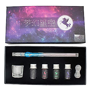 XIAOYU 7 Pieces Glass Dip Pen Set Handmade Starry Sky Calligraphy Pen and 4 Bottle Inks - Lake Blue