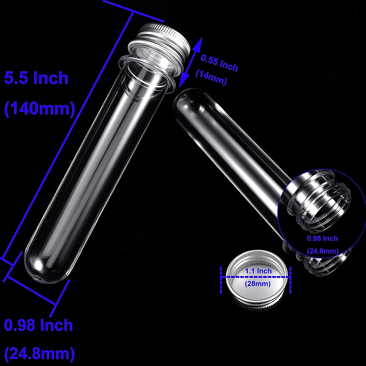 KOHAND 50 PCS 140 x 25mm Clear Test Tubes with Screw Caps, 40ml Plastic Test Tube with Aluminum Covers for Sample Christmas Candy Bath Salt Science Party Favors