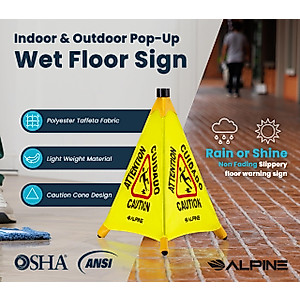 Alpine Caution Wet Floor Sign - Pop Up Slippery When Wet Sign, Wall Mounted Foldable Bilingual Yellow Safety Warning Caution Cone For Commercial & Office Use (30 Inches)